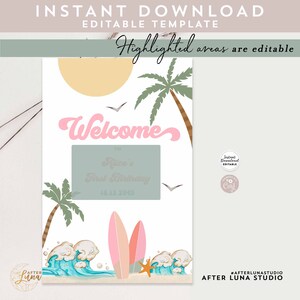 Editable Surf Surfing Pink Peach Girl Surf's up Birthday Baby Shower ...