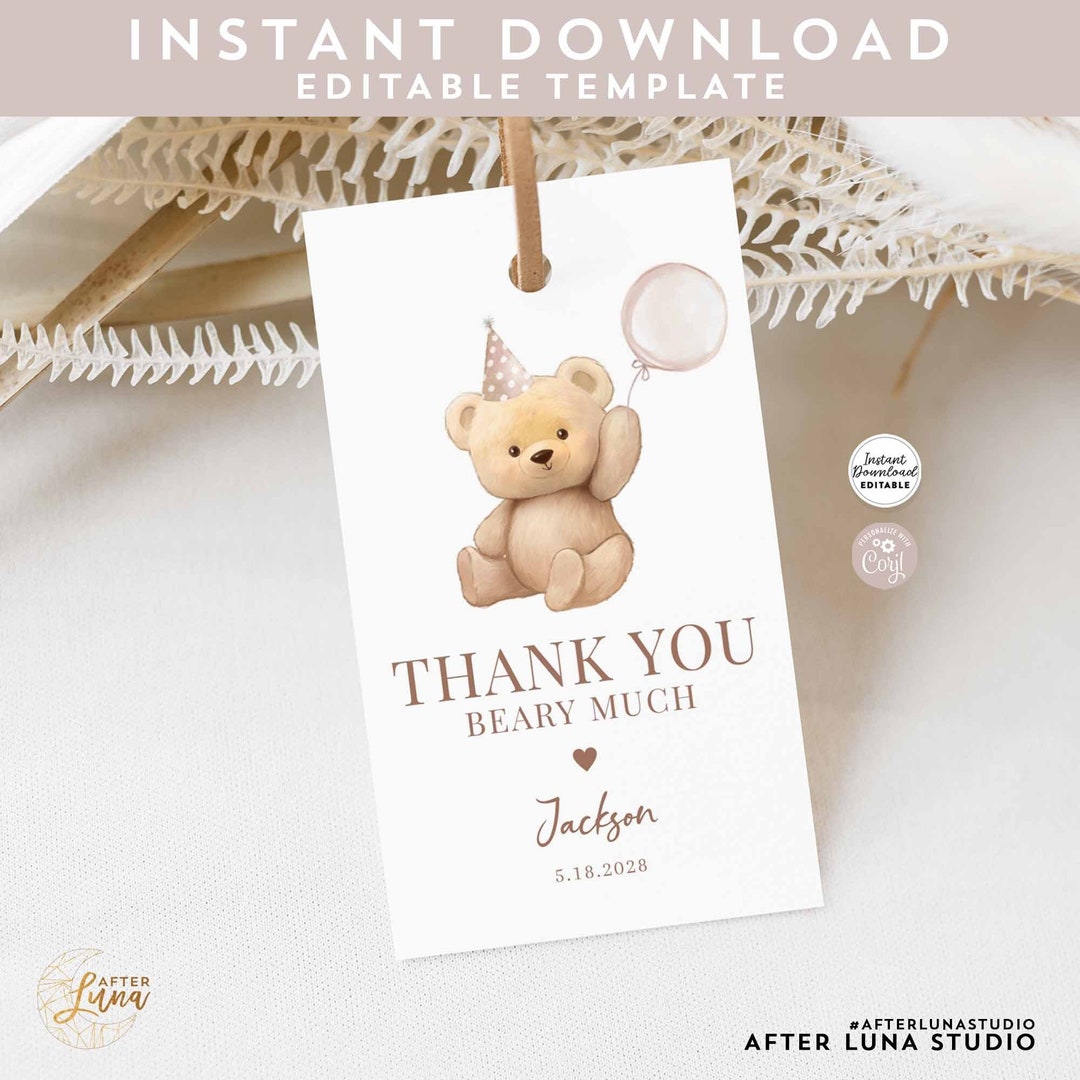 Editable Brown Boy Teddy Bear Birthday Boy Beary First Thank You Favor ...
