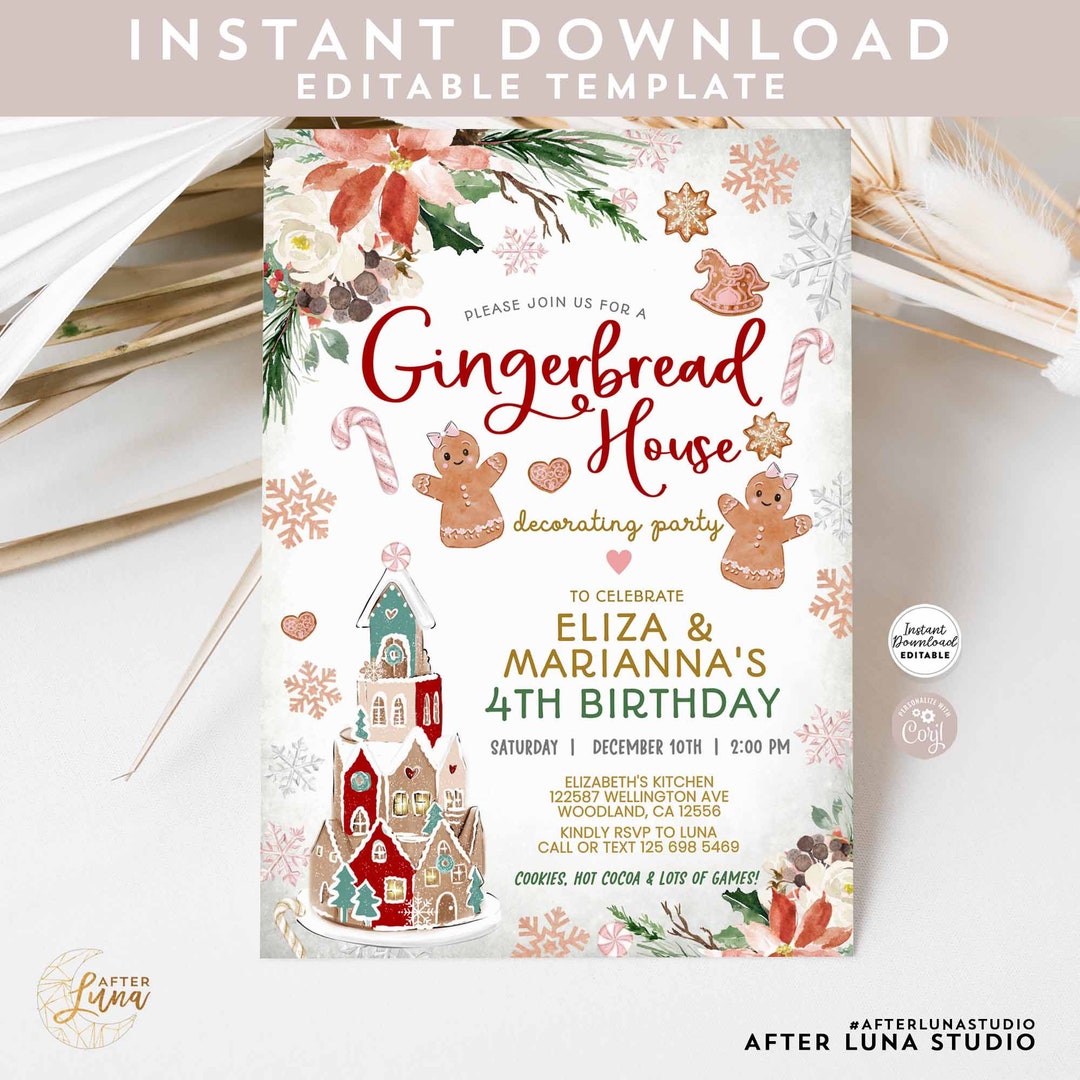 Editable Gingerbread House Decorating Birthday Invitation Twins Joint ...