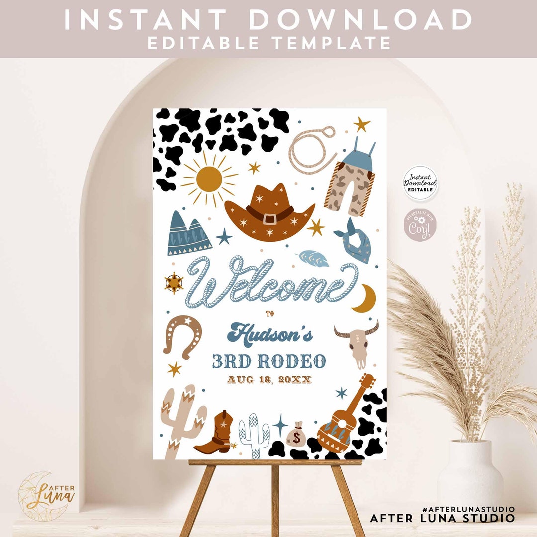 Editable Cowboy Rodeo Boy Ranch Wild West Birthday Welcome Sign ...