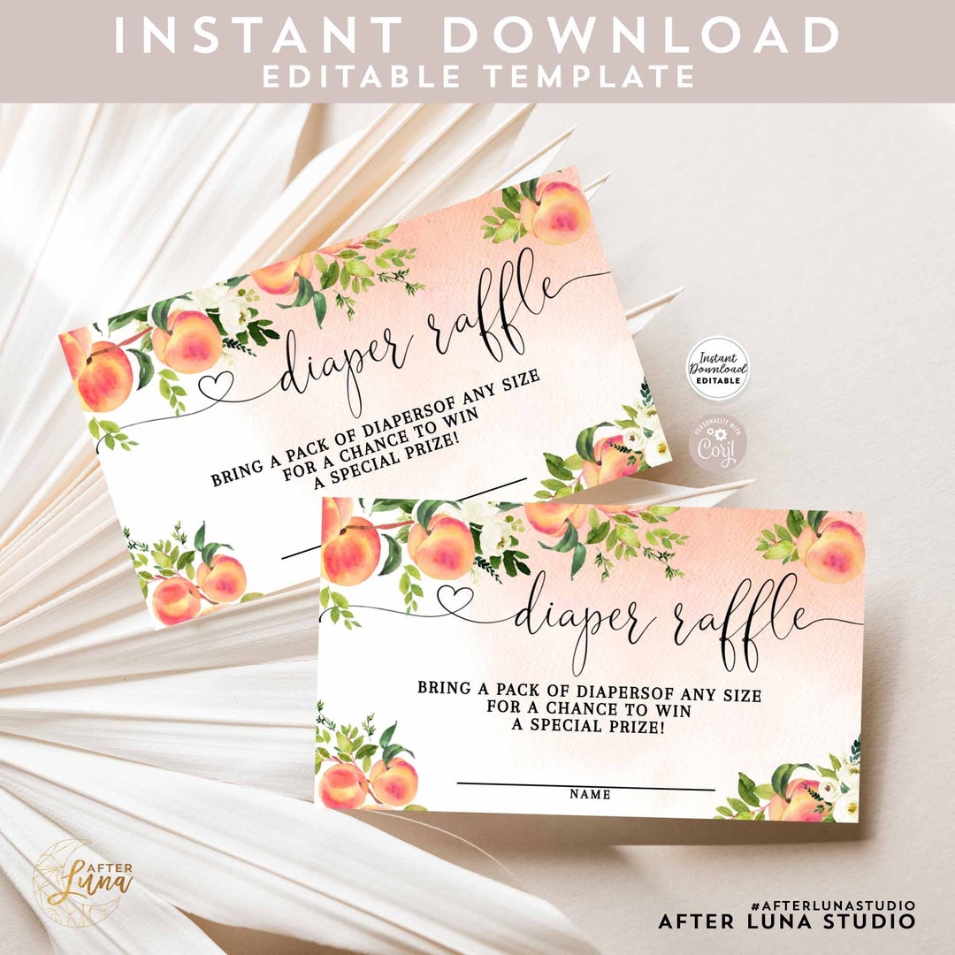 Editable Little Peach Baby Shower Diaper Raffle Ticket White Floral ...