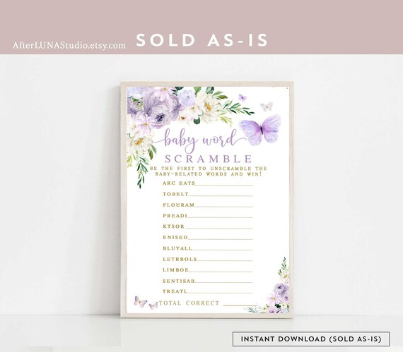 Purple Gold Butterfly Baby Word Scramble Game Printable - Etsy