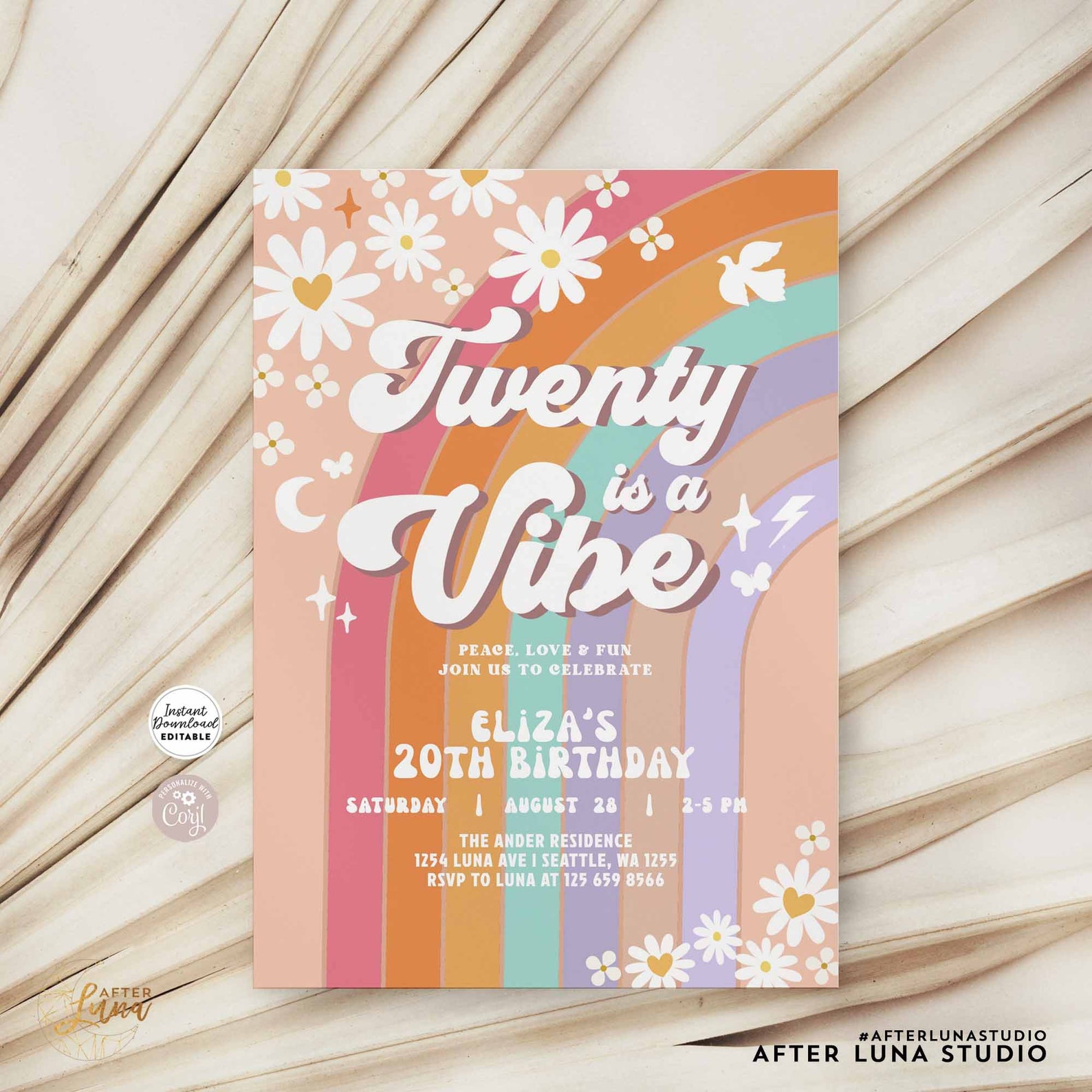 Editable ANY AGE Groovy Birthday Invite Groovy Vibe Daisy Hippie Retro ...