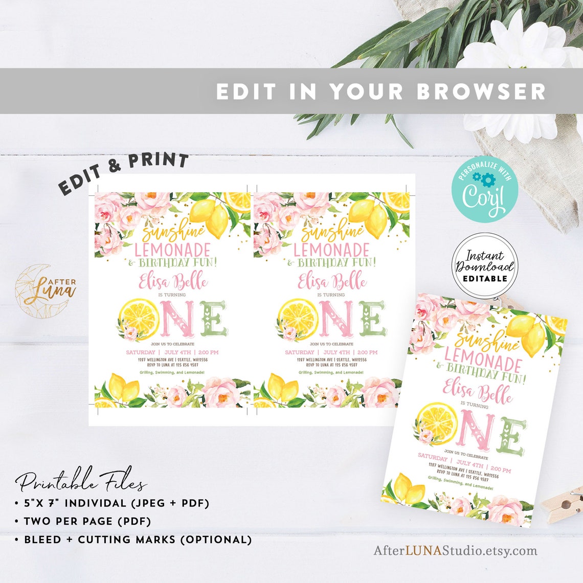 Editable Lemonade First Birthday Invitation Pink Lemon - Etsy