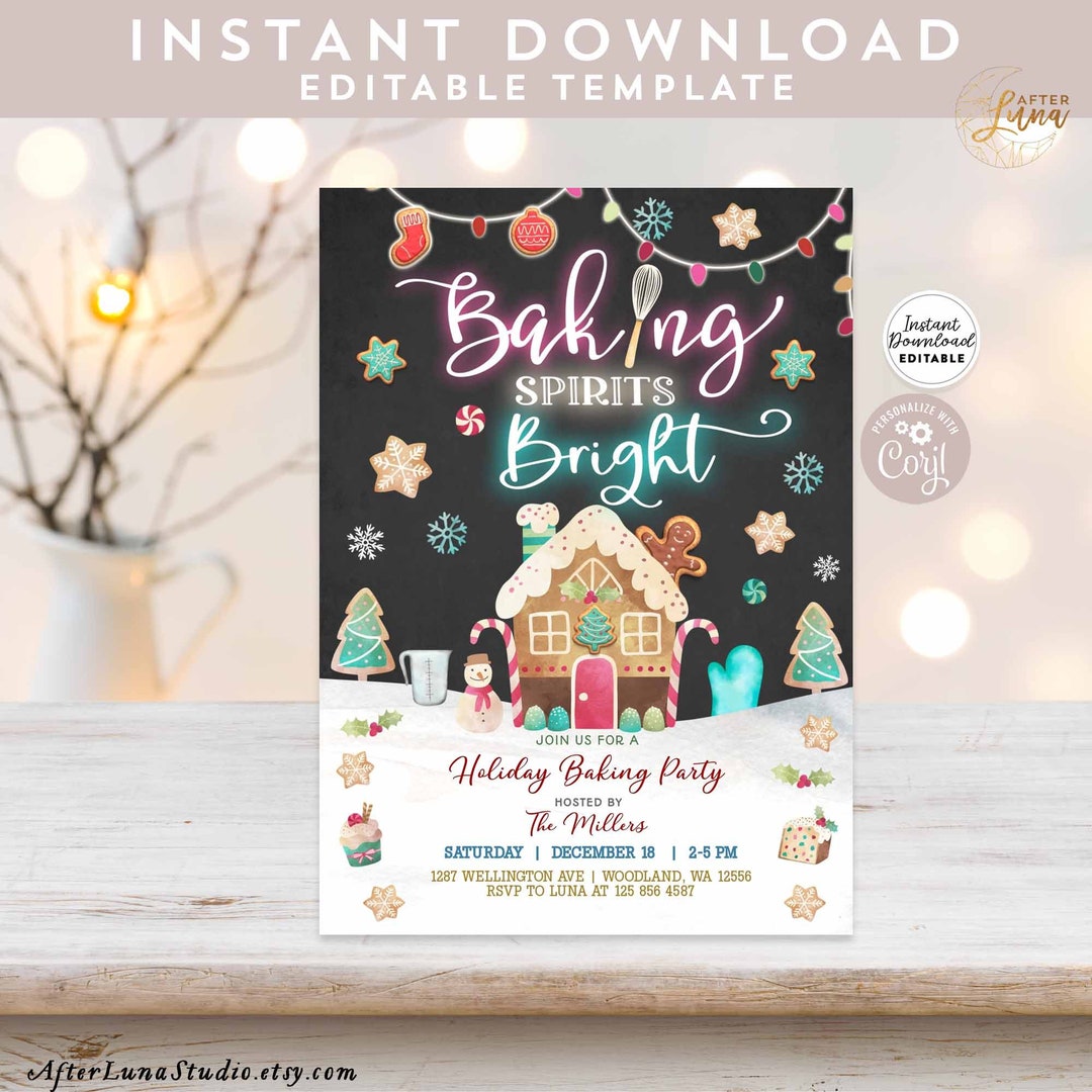Editable Christmas Baking Party Invite Baking Spirits Bright Invitation ...