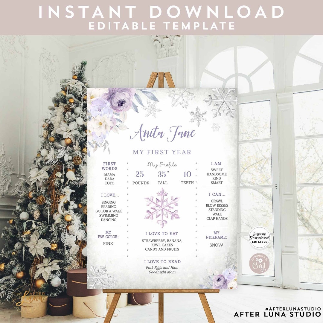 Editable Lavender Purple Snowflake Onederland Milestone Poster Template ...