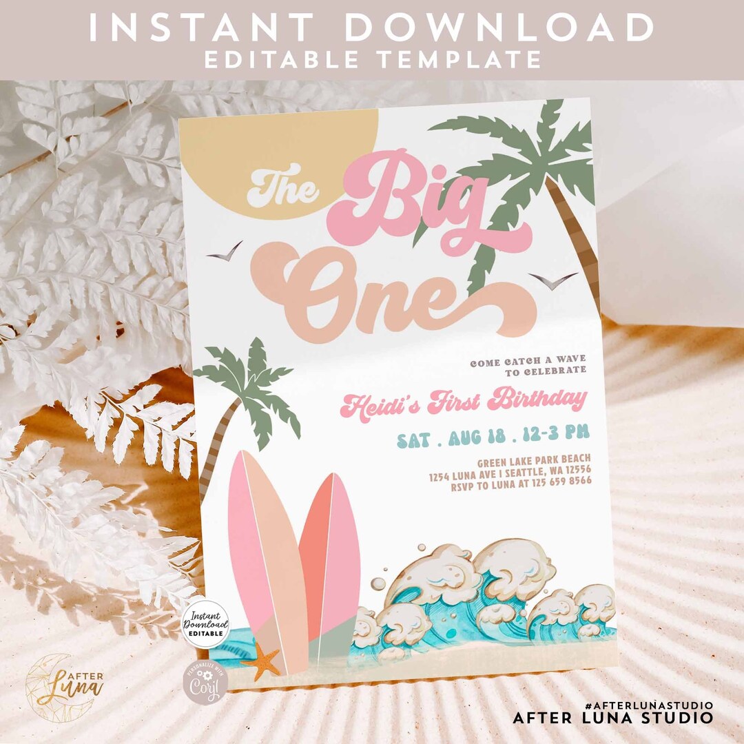 Editable Girl the Big One Surfing 1st Birthday Party Invitation Pink ...