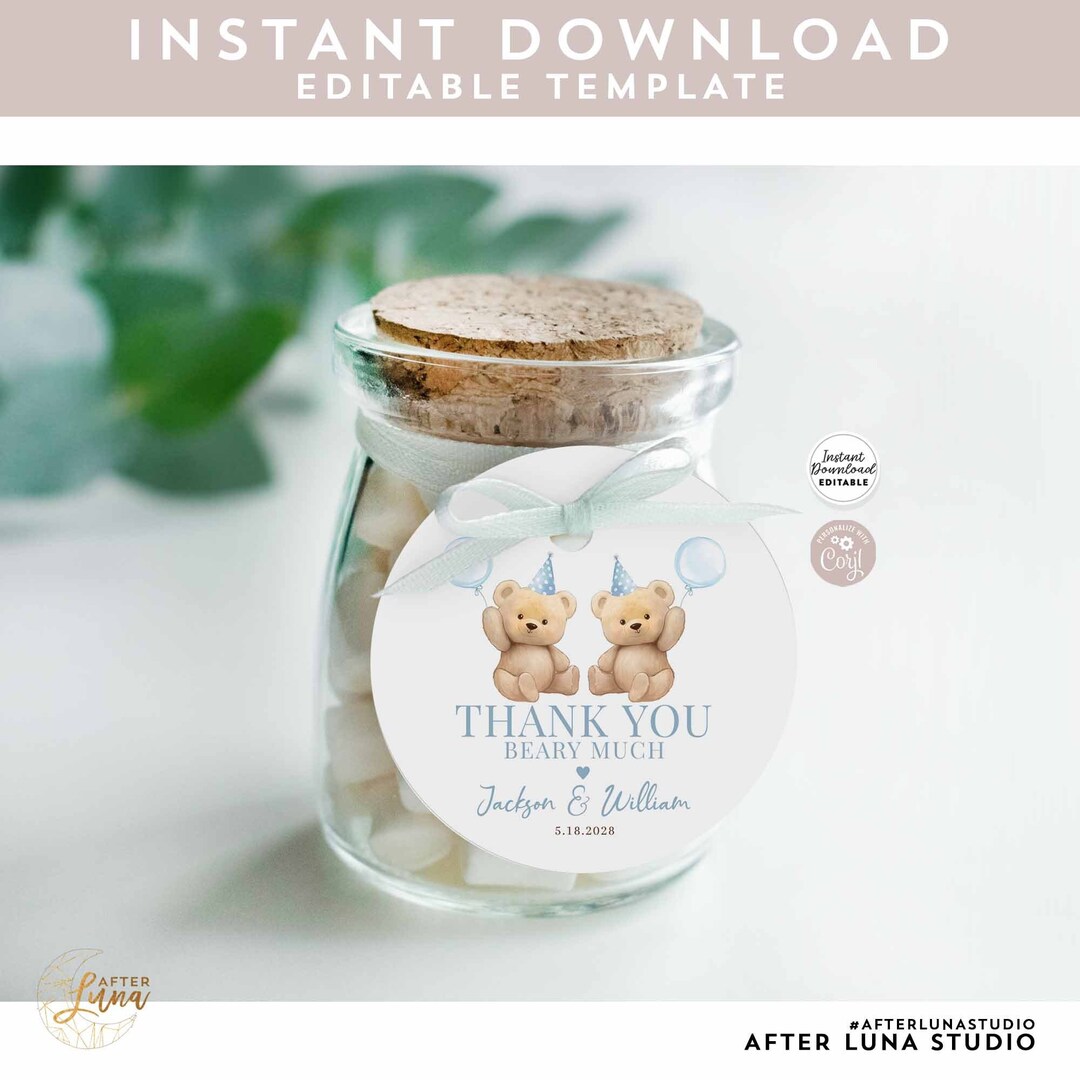 Editable Twin Twins Blue Boy Teddy Bear Birthday Beary First Thank You ...