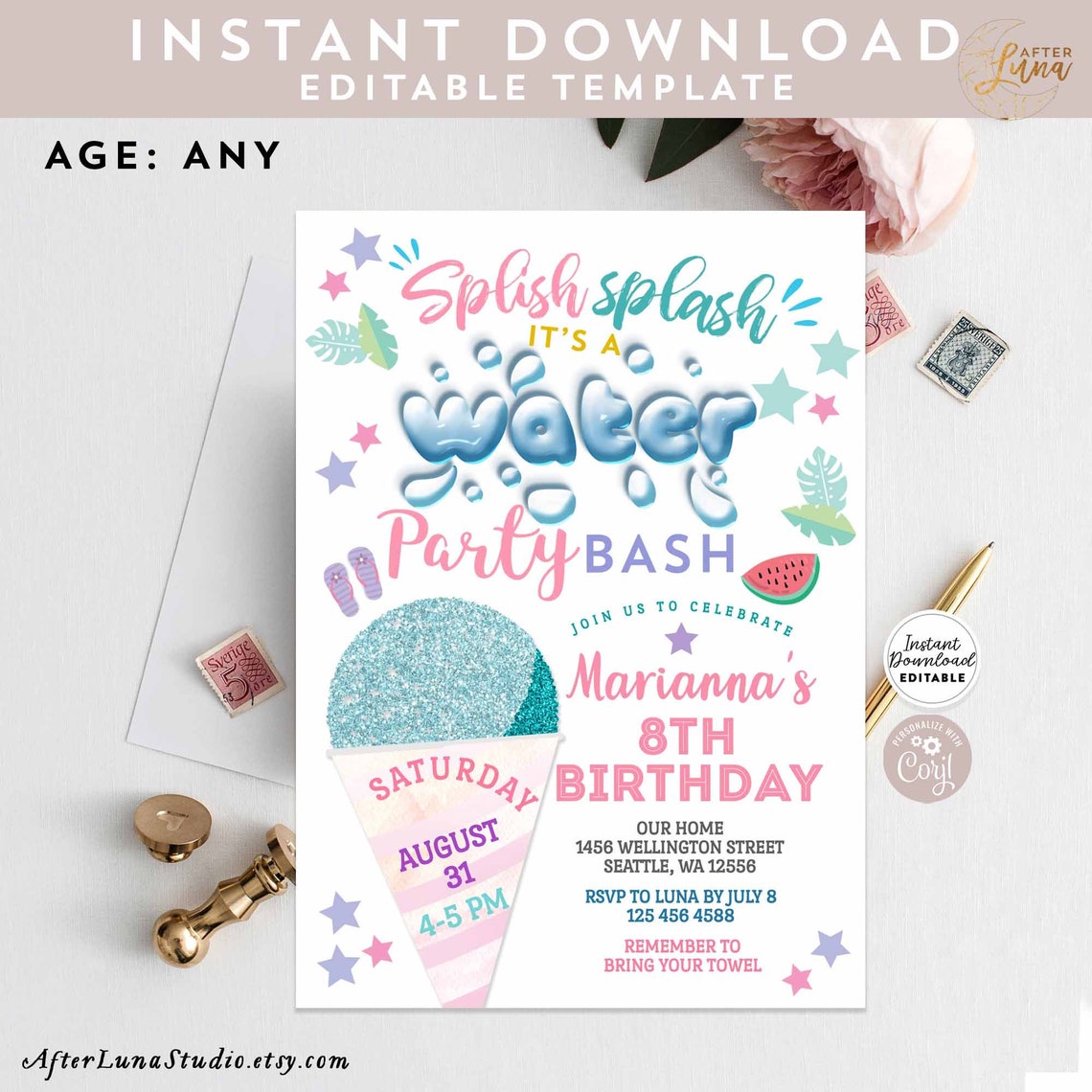 Editable ANY AGE Snow Cone Water Party Invitation Girl Ice - Etsy