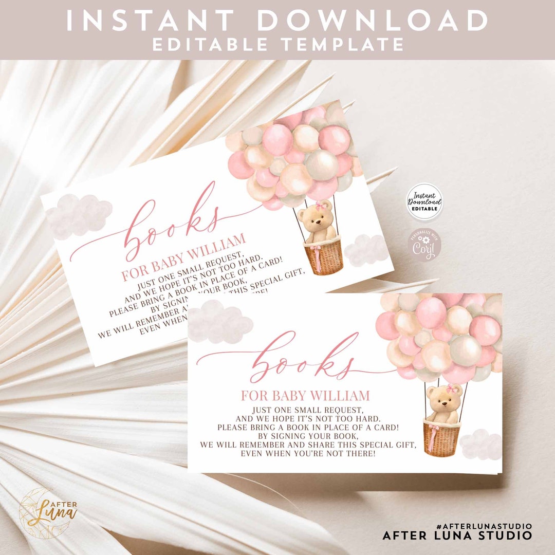 Editable Pink Teddy Bear Hot Air Balloon We Can Bearly Wait Girl Baby ...