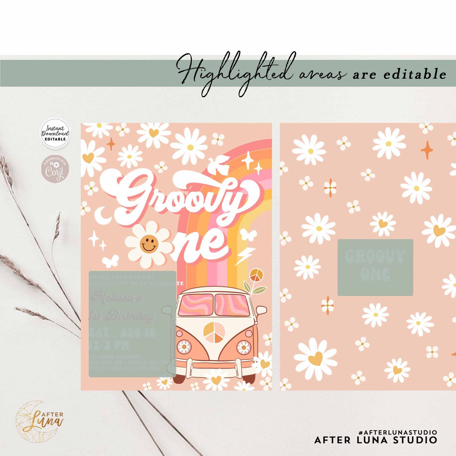 Editable Groovy One Van Peach Daisy Rainbow Groovy Van 1st | Etsy