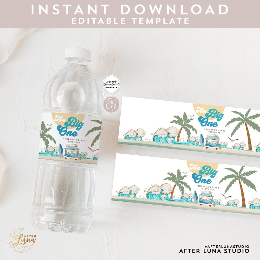 Editable Surf Water Bottle Label Boy the Big One Surf up Beach Birthday ...