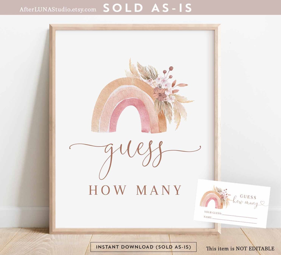 Boho Rainbow Guess How Many Game Sign Pink Pampas Grass Boho Rainbow ...