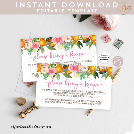 Editable Pink Floral Orange Recipe Card Insert Wedding Couple | Etsy