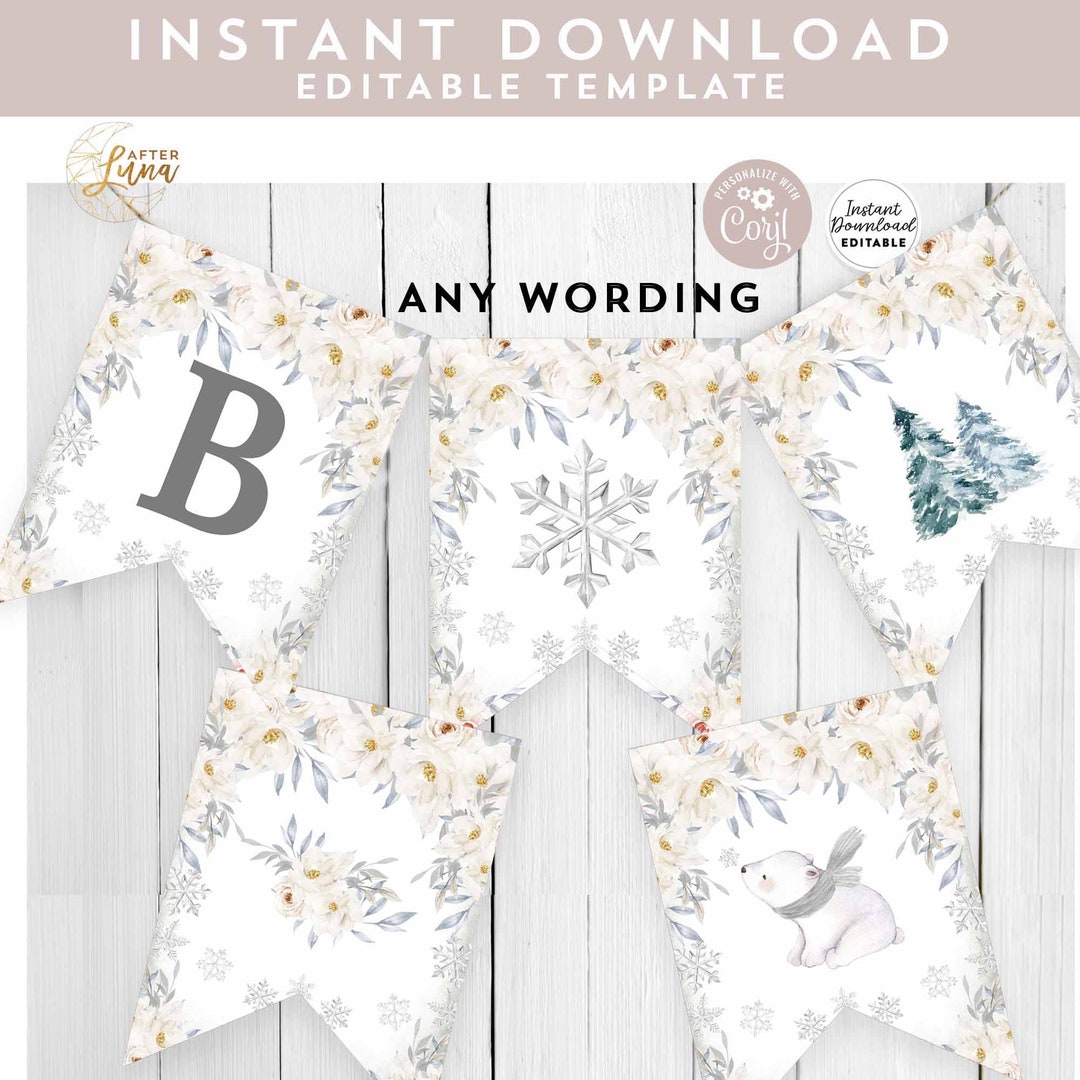 Editable ANY WORDING Pennant Banner 8.5x11 Winter Snowflake Baby Bridal ...
