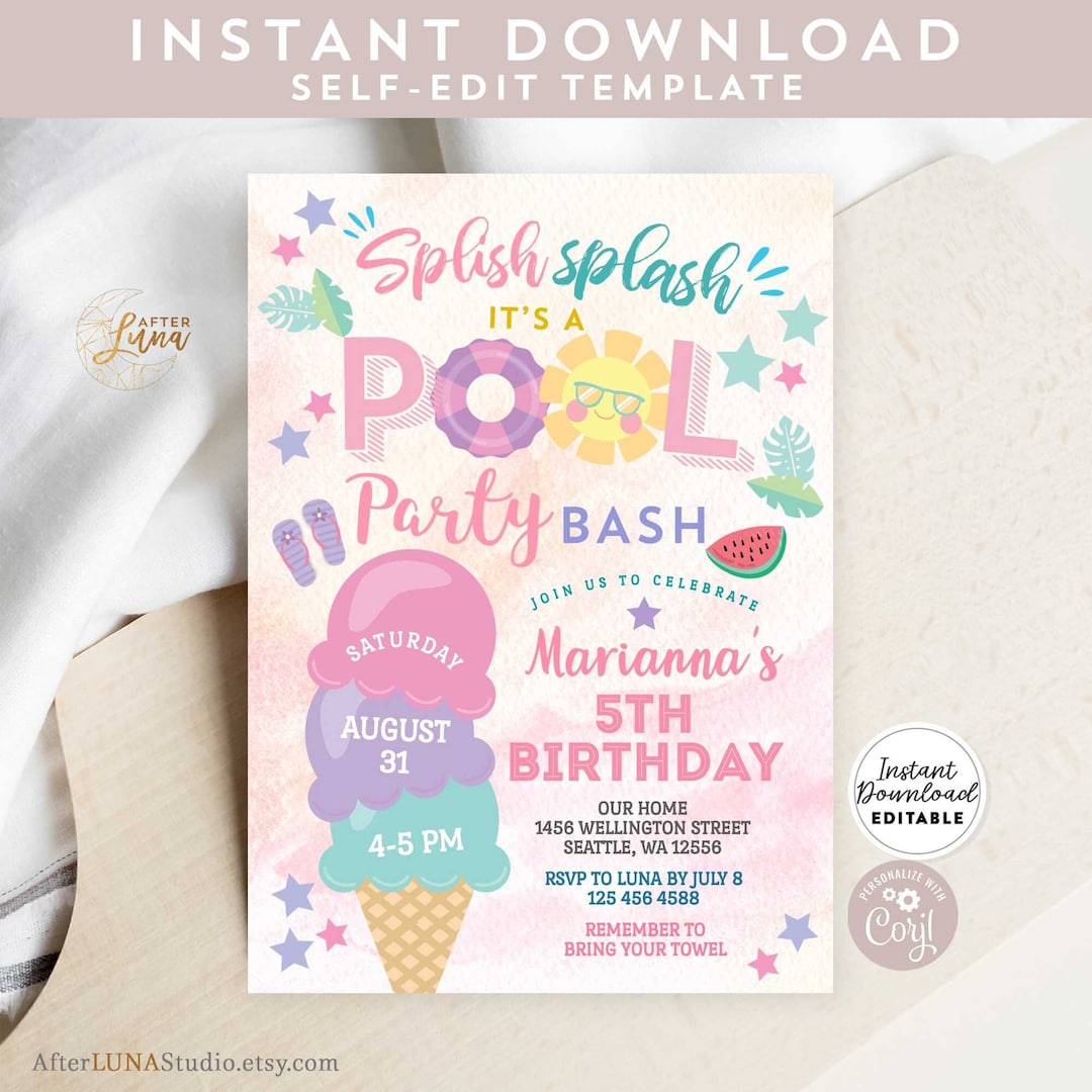 Editable Pool Party Invitation Girl Ice Cream Pool Party Invite Pool ...