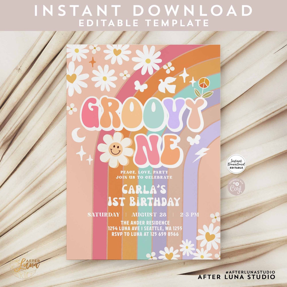 Editable Groovy One Invite Daisy Rainbow Groovy ONE 1st - Etsy