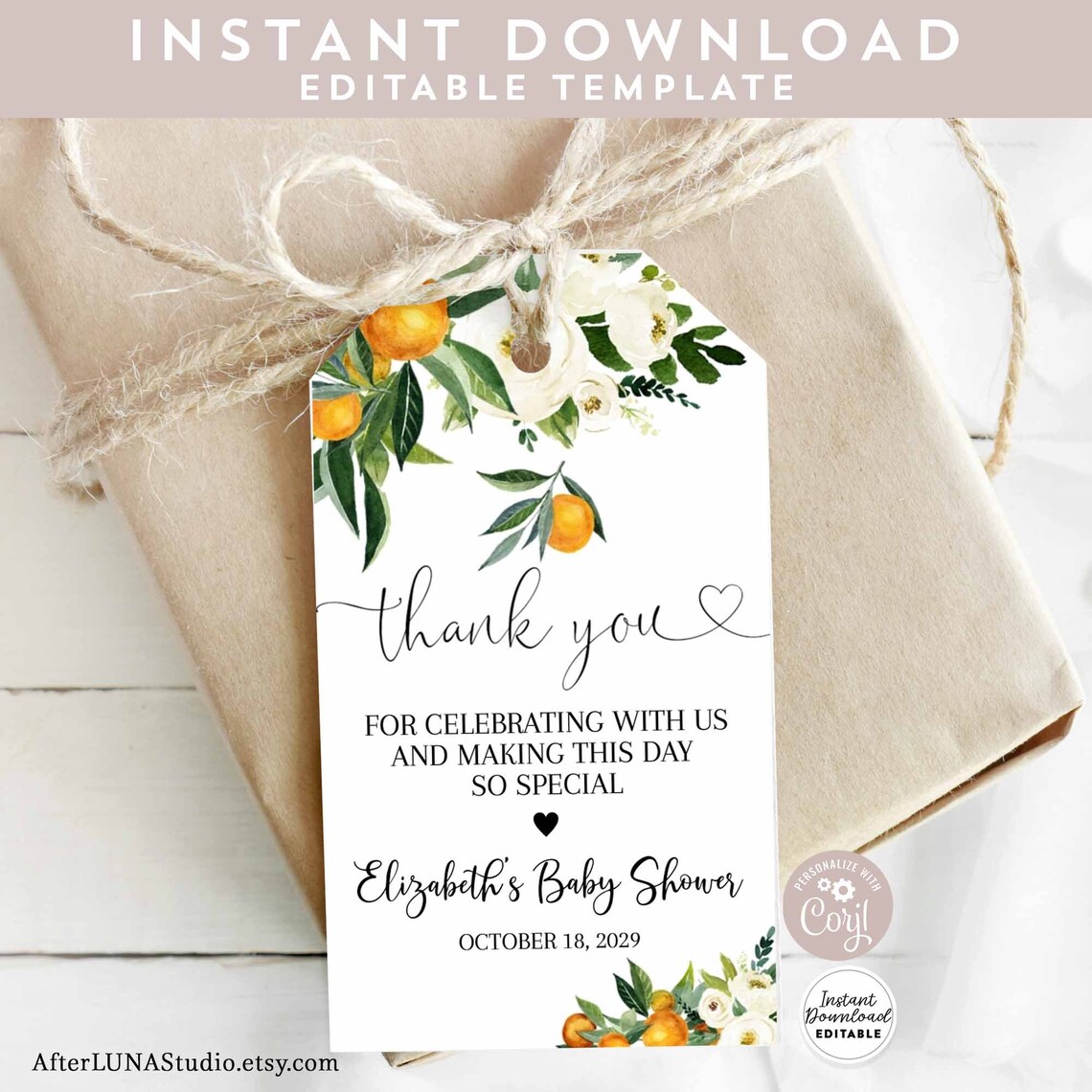 Editable Orange Thank You Favor Tag 3.5x2" A Little Cutie Baby Shower ...