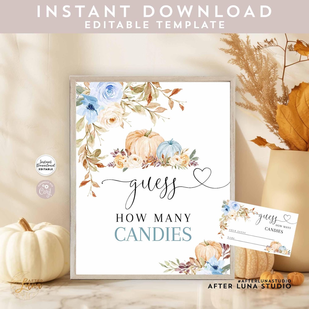 Editable Fall Autumn Blue Pumpkin Guess How Many Game Sign Gender ...