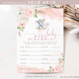 Blush Pink Elephant Baby Word Scramble Game Little Peanut Girl Elephant ...