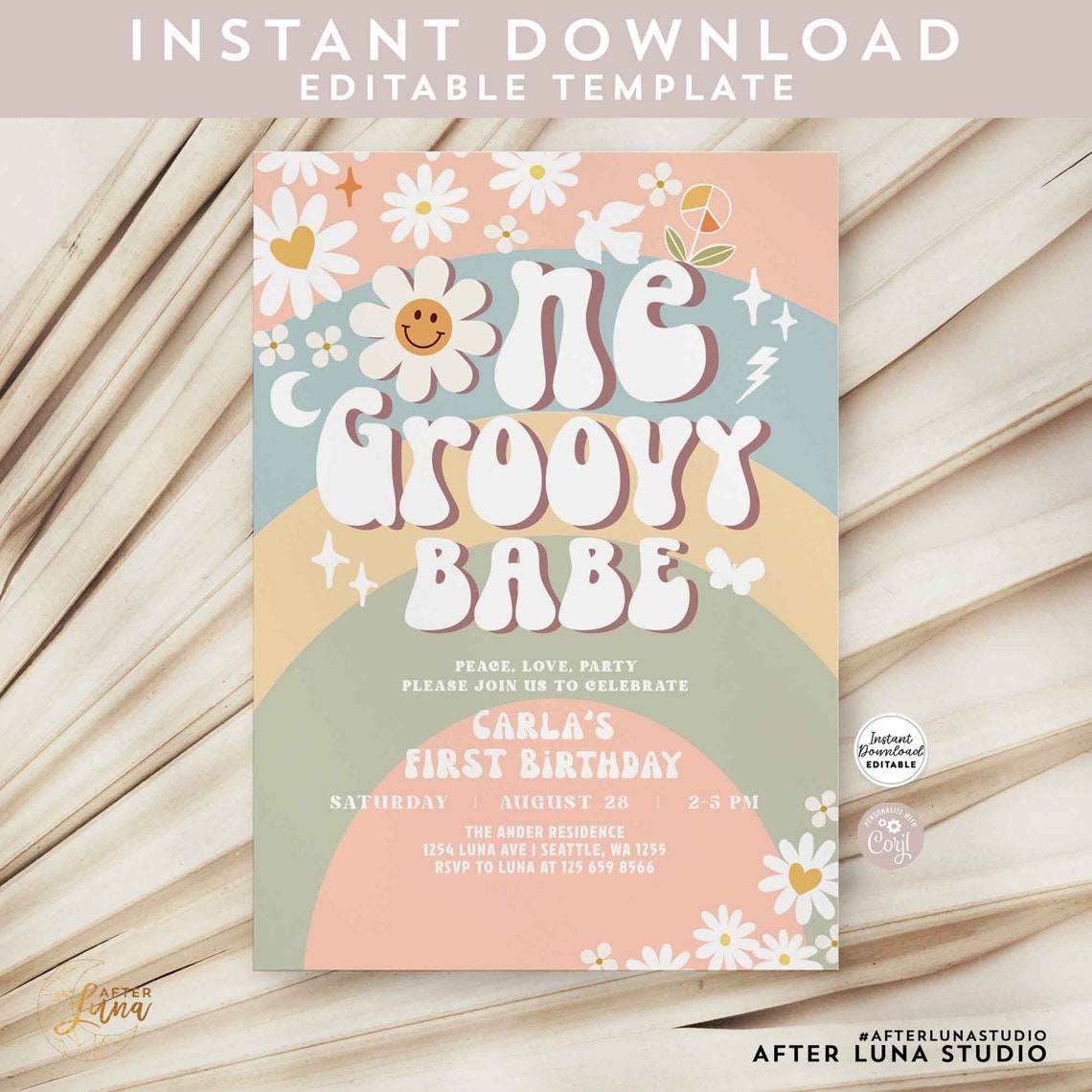 Editable Pastel Green Blue Peach ONE Groovy Babe 1st Birthday Invite ...