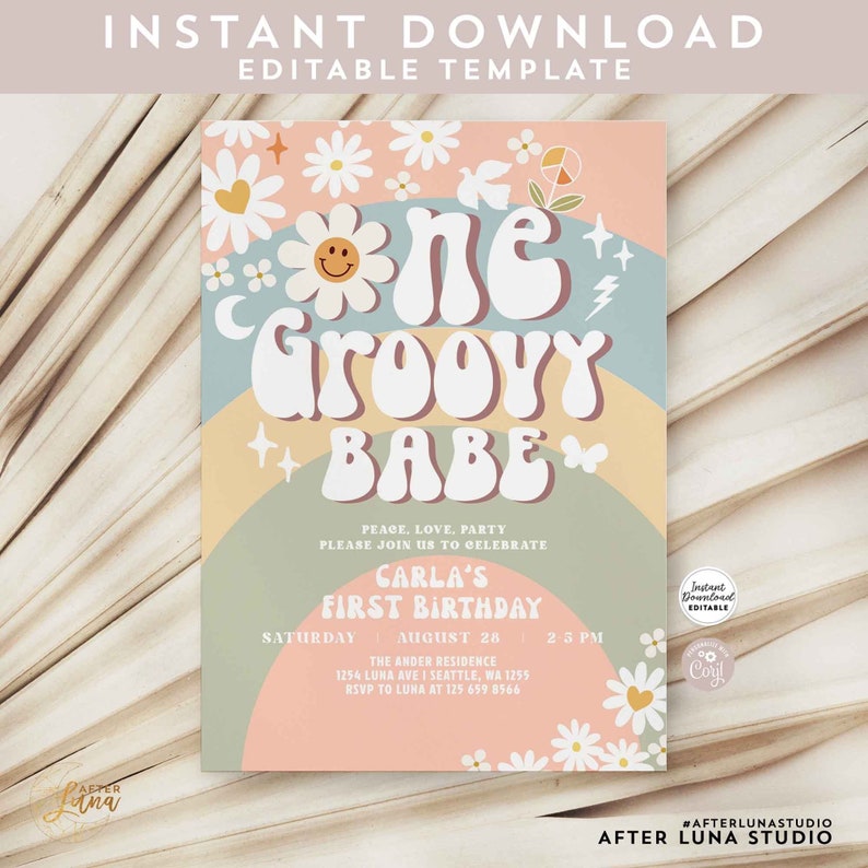 Editable Pastel Green Blue Peach ONE Groovy Babe 1st Birthday - Etsy