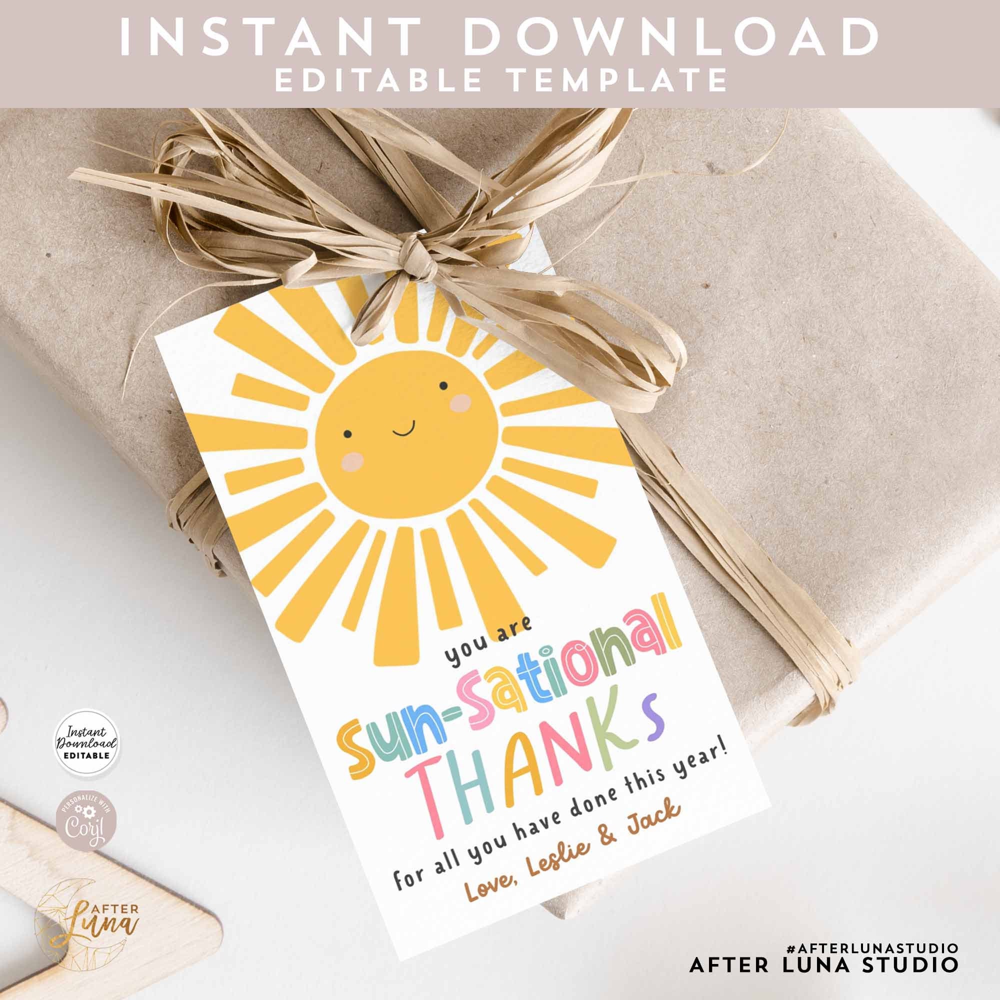 Editable Sun Sational Teacher Appreciation Gift Tags Sunshine School ...