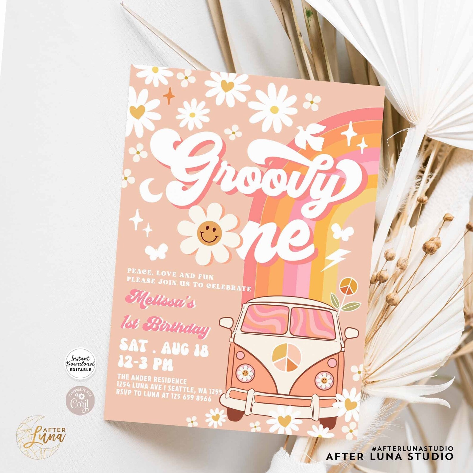 Editable Groovy One Van Peach Daisy Rainbow Groovy Van 1st | Etsy