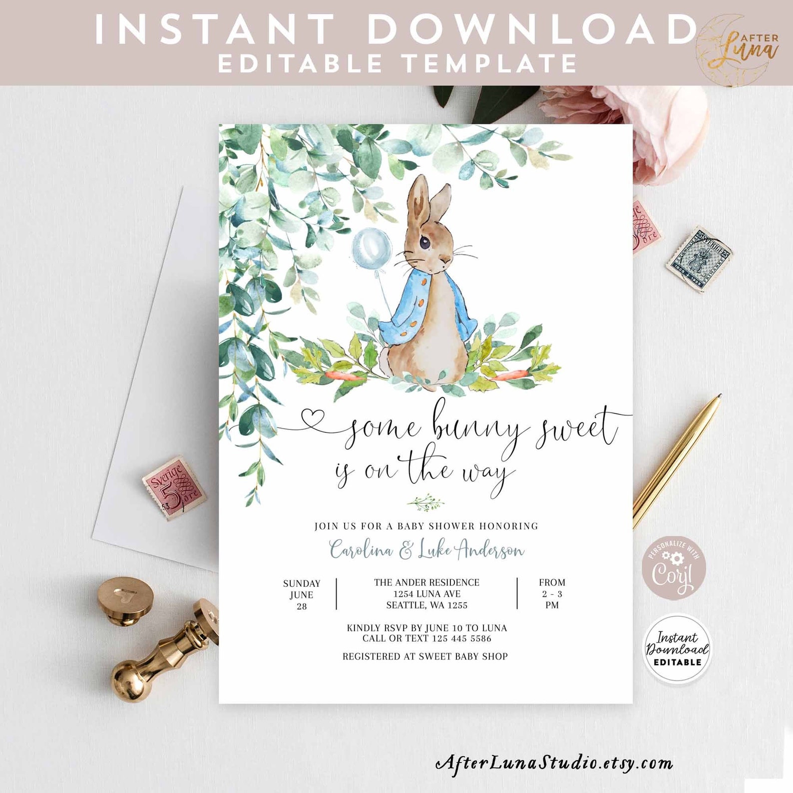 Editable Peter Rabbit Baby Shower Invitation Invites Boy Some - Etsy