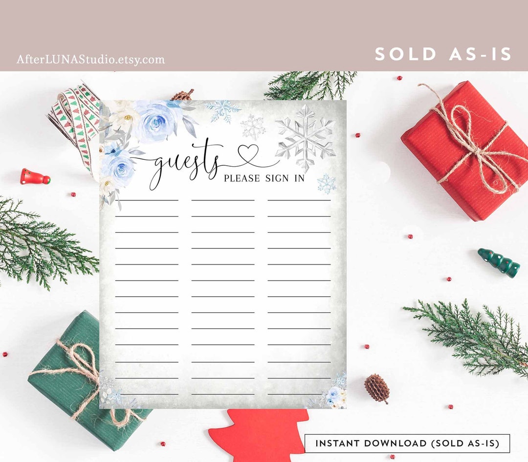 Blue Winter Snowflake Guest Sign in Sheet Guest List Printable Baby ...
