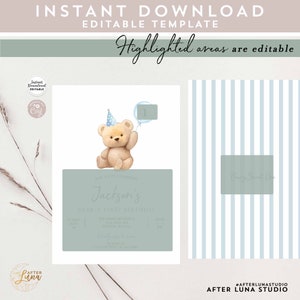 Editable ANY AGE Boy Teddy Bear Birthday Invitation Blue Balloon Beary ...
