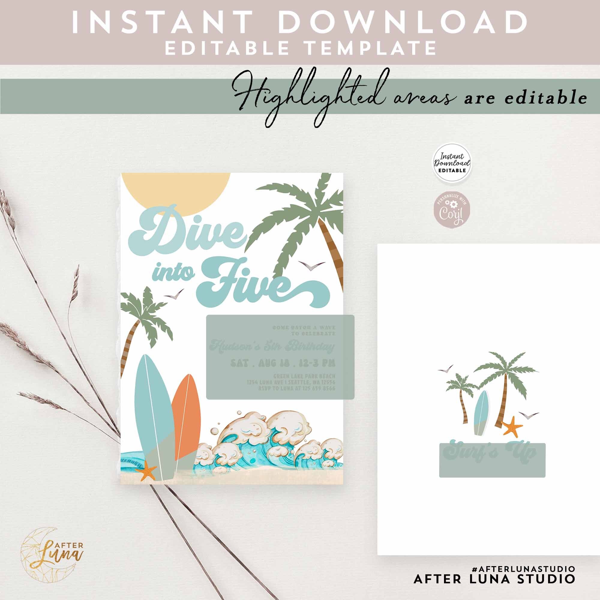 Editable Boy Dive Into Five Surfing 5th Birthday Party Invitation Retro ...