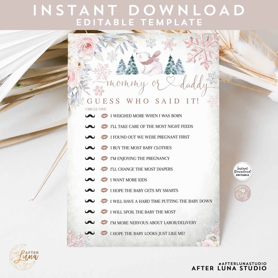 Editable Winter Muted Dusty Pink Snowflake Polar Bear Guess - Etsy