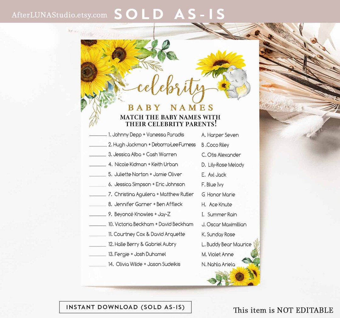 Sunflower Elephant Baby Shower Sprinkle Game Celebrity Baby Name Game ...