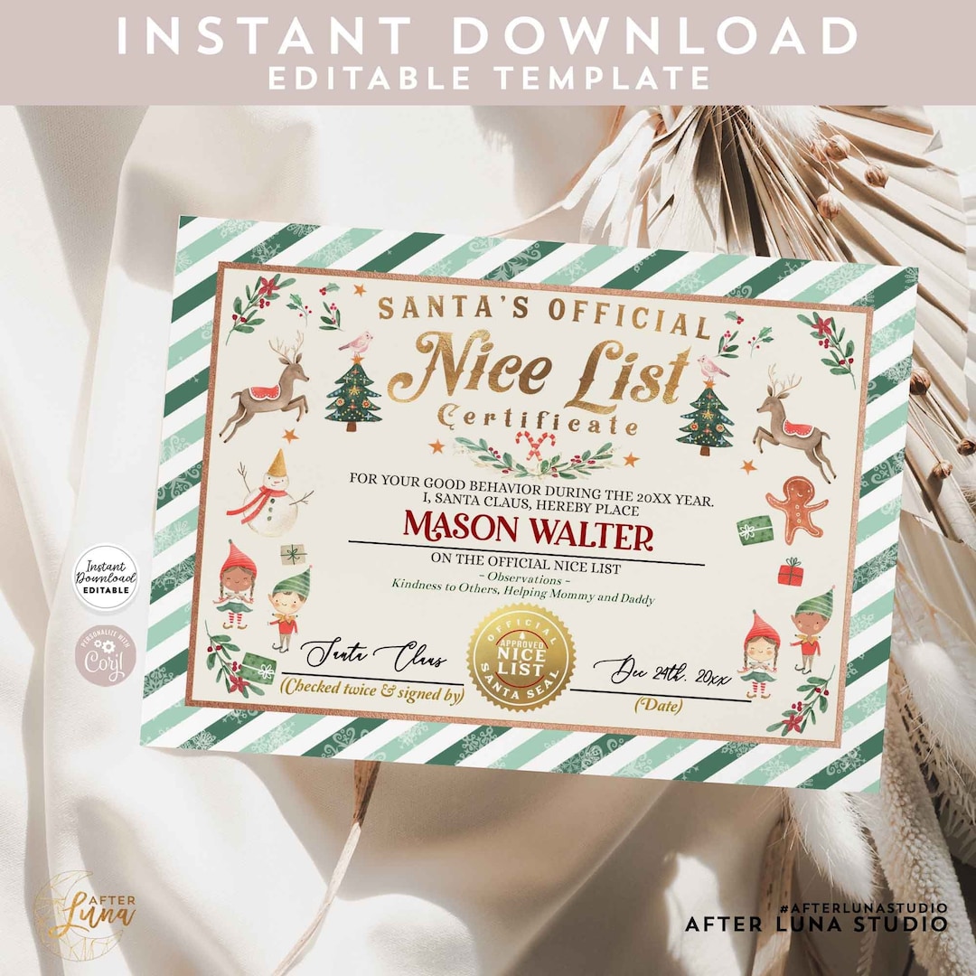 Green Christmas Nice List Certificate: Santa's Official Document Santa ...
