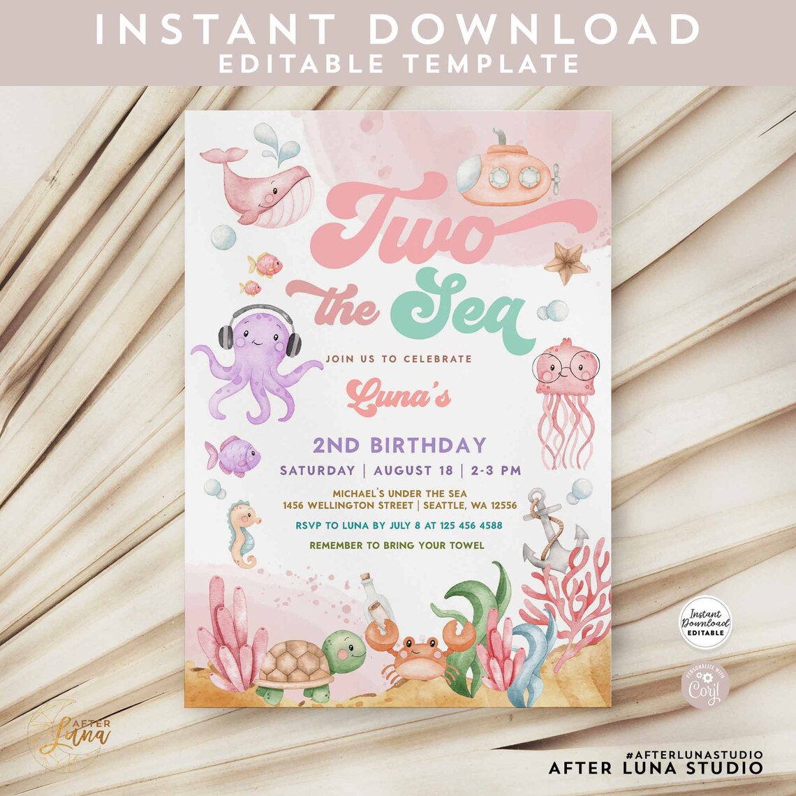 Editable TWO the Sea Girl Pink Under the Sea 2nd Birthday - Etsy