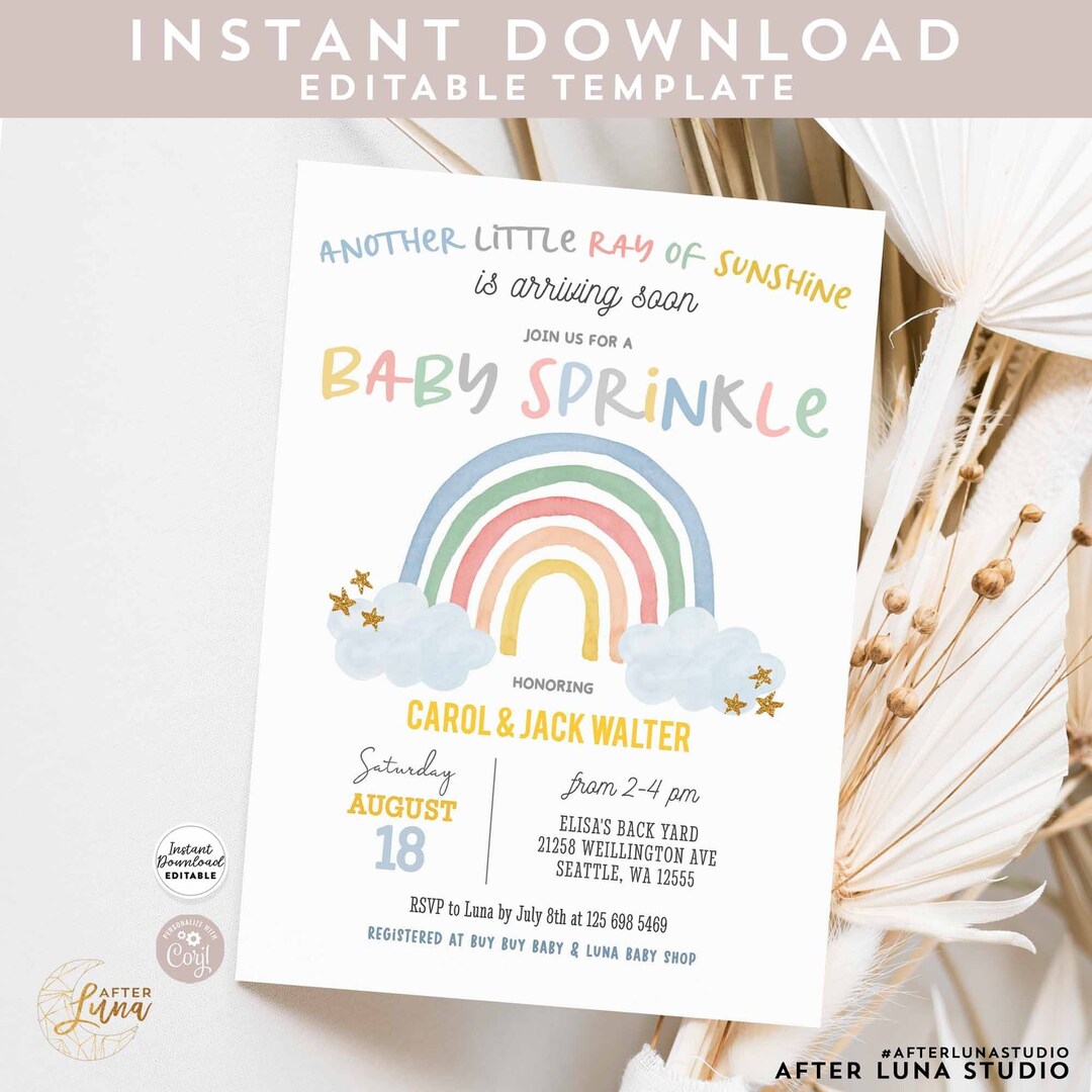 Editable Pastel Rainbow Baby Sprinkle Invitation Gender Neutral Little ...