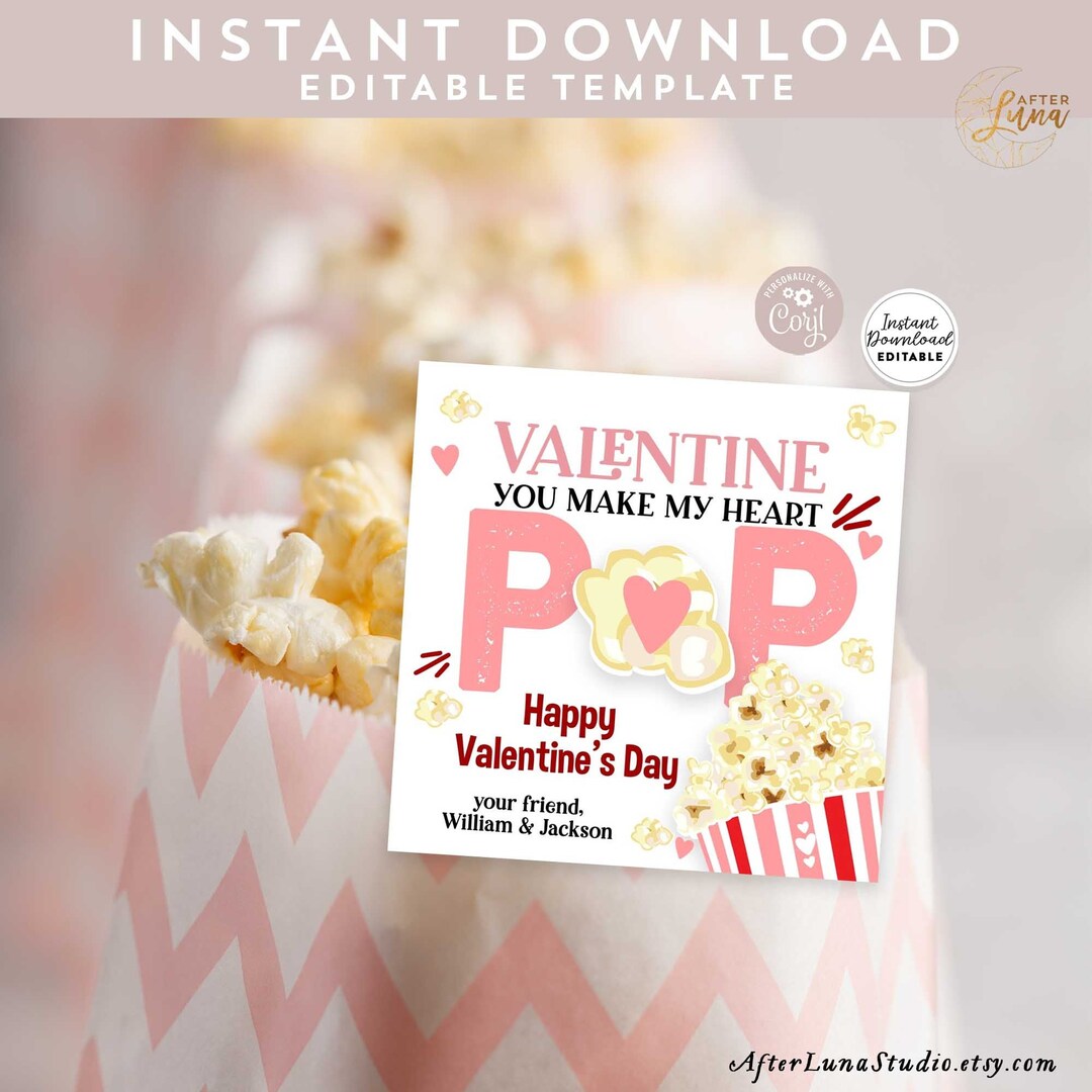 EDITABLE Valentine Popcorn Tags Valentine's Day Treat Favors You Make ...