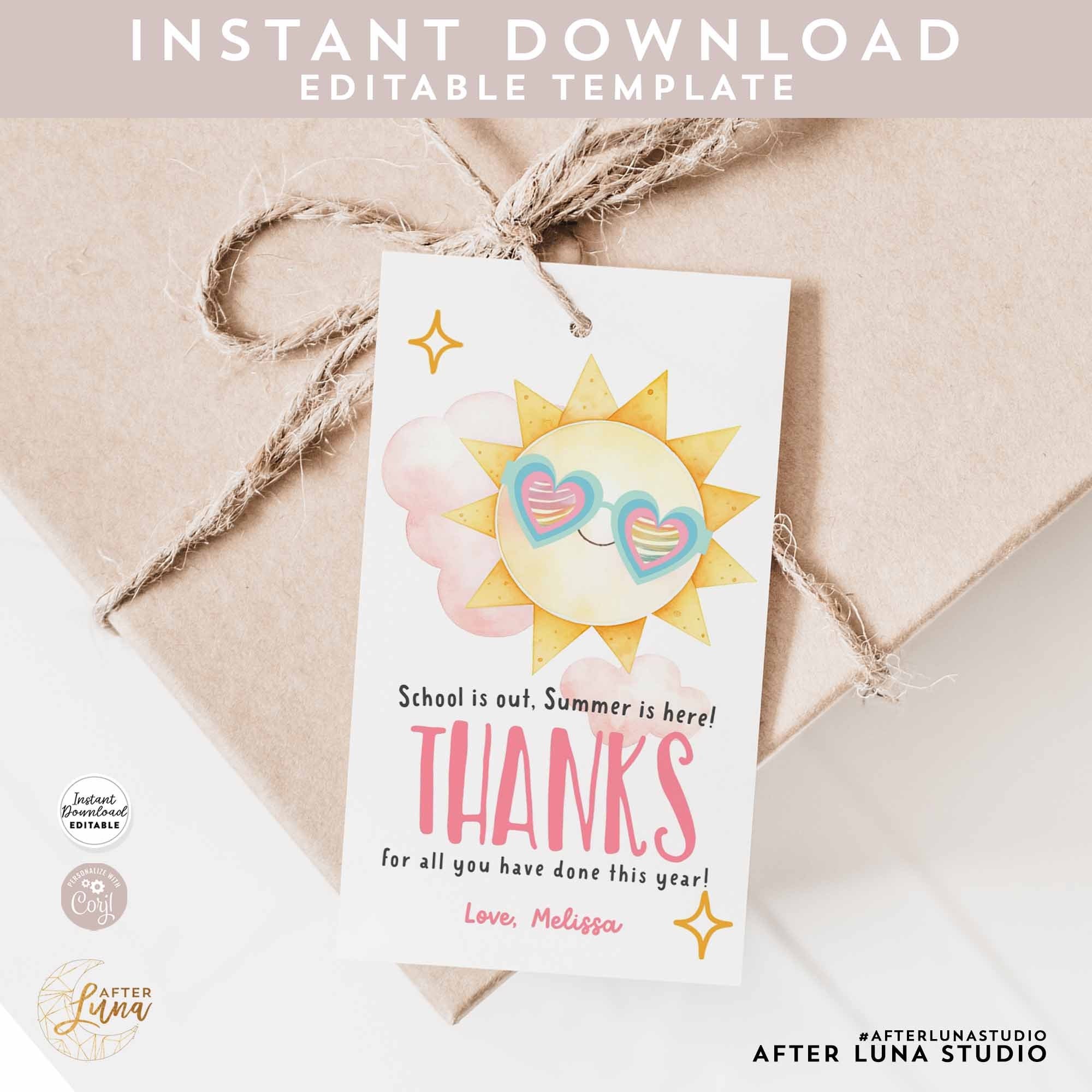 Editable Sun Teacher Appreciation Gift Tags Girl Pink Sunshine School ...