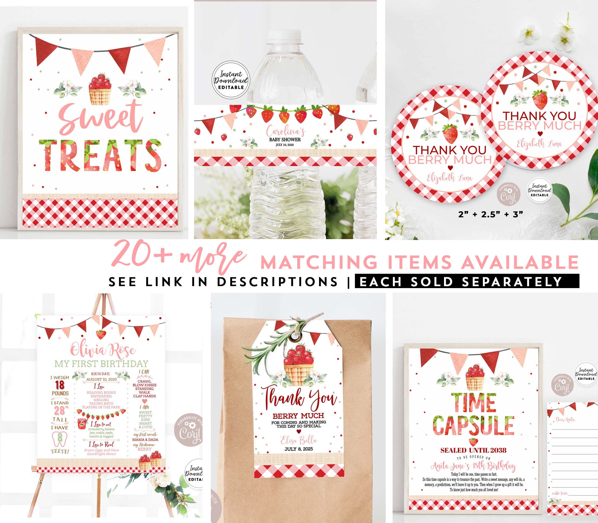Editable ANY WORDING Pennant Banner 8.5x11" Berry Sweet Strawberry ...