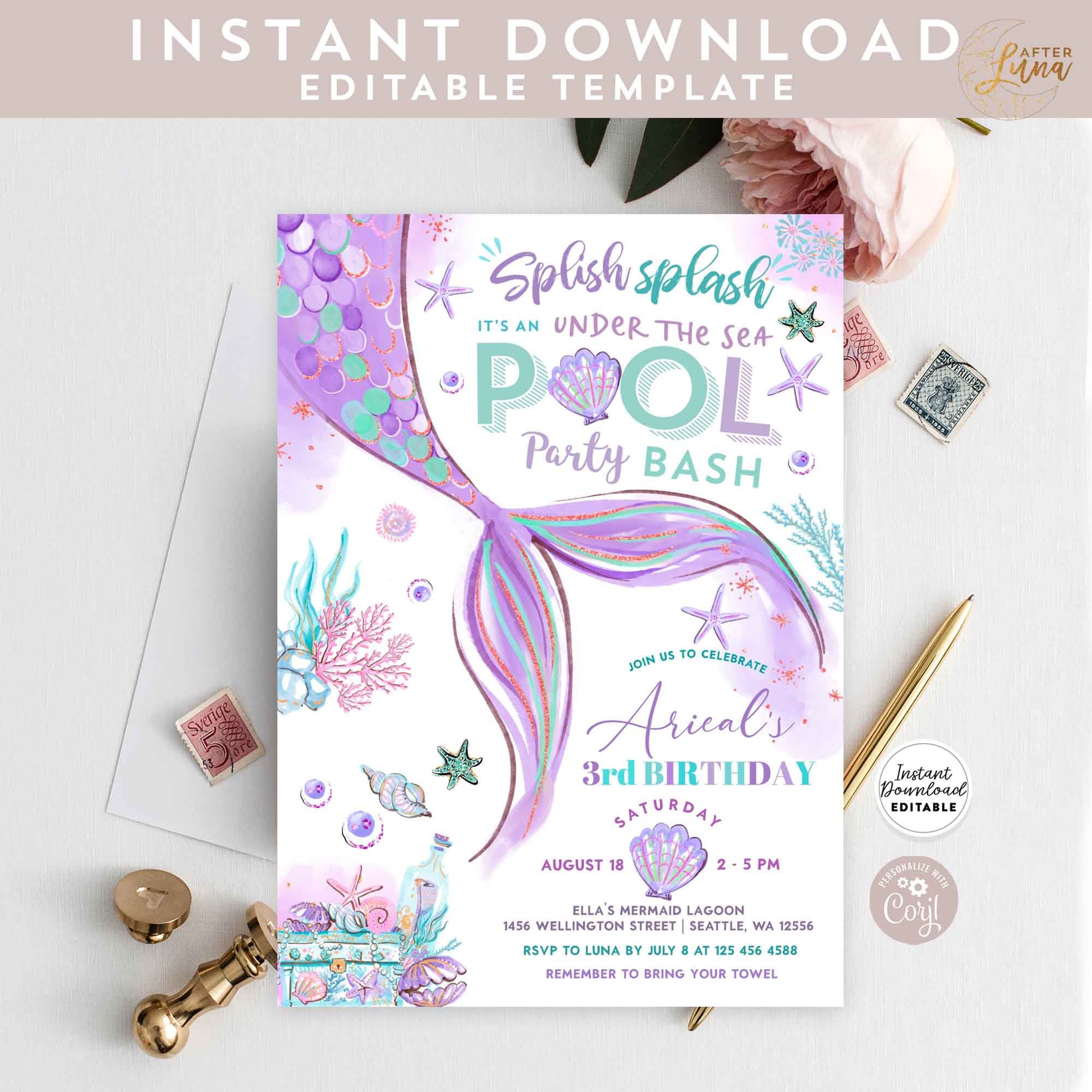 Editable Mermaid Pool Party Under the Sea Purple Teal Mermaid Birthday ...