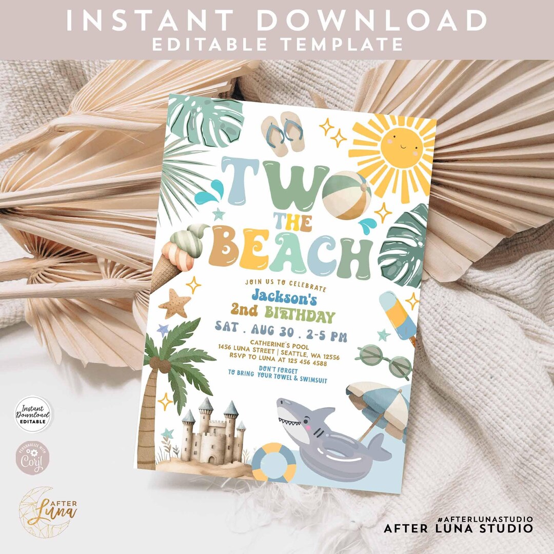 Editable Boy Tropical TWO the Beach Party Birthday Invitation Boy ...
