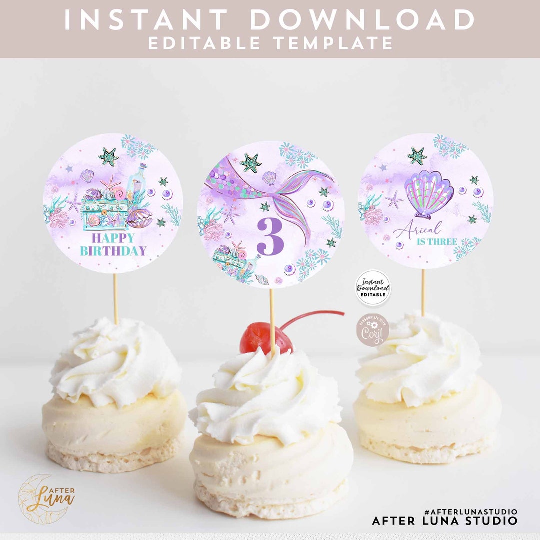 Editable Under the Sea Purple Teal Little Mermaid 2" Cupcake Topper ...