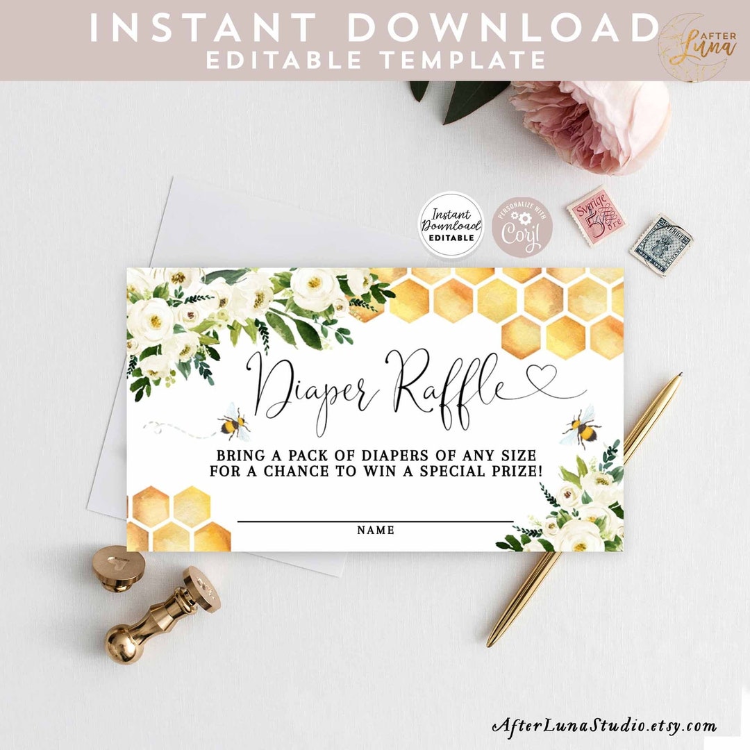 Editable Rustic Honey Bee Bumble Bee Baby Shower Diaper Raffle Ticket ...