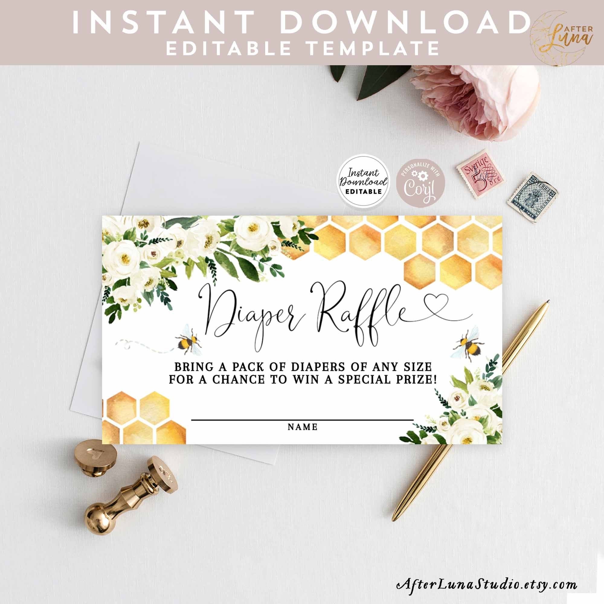 Stationery Bee Diaper Raffle Editable Bee Diaper Raffle Card Template ...