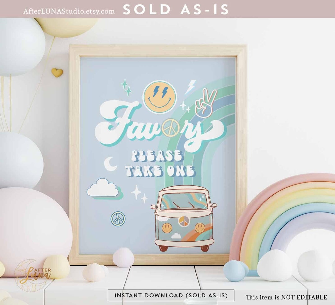 Boy Groovy Van Birthday Party Decor Smile Face Favors Table Sign Hippie ...