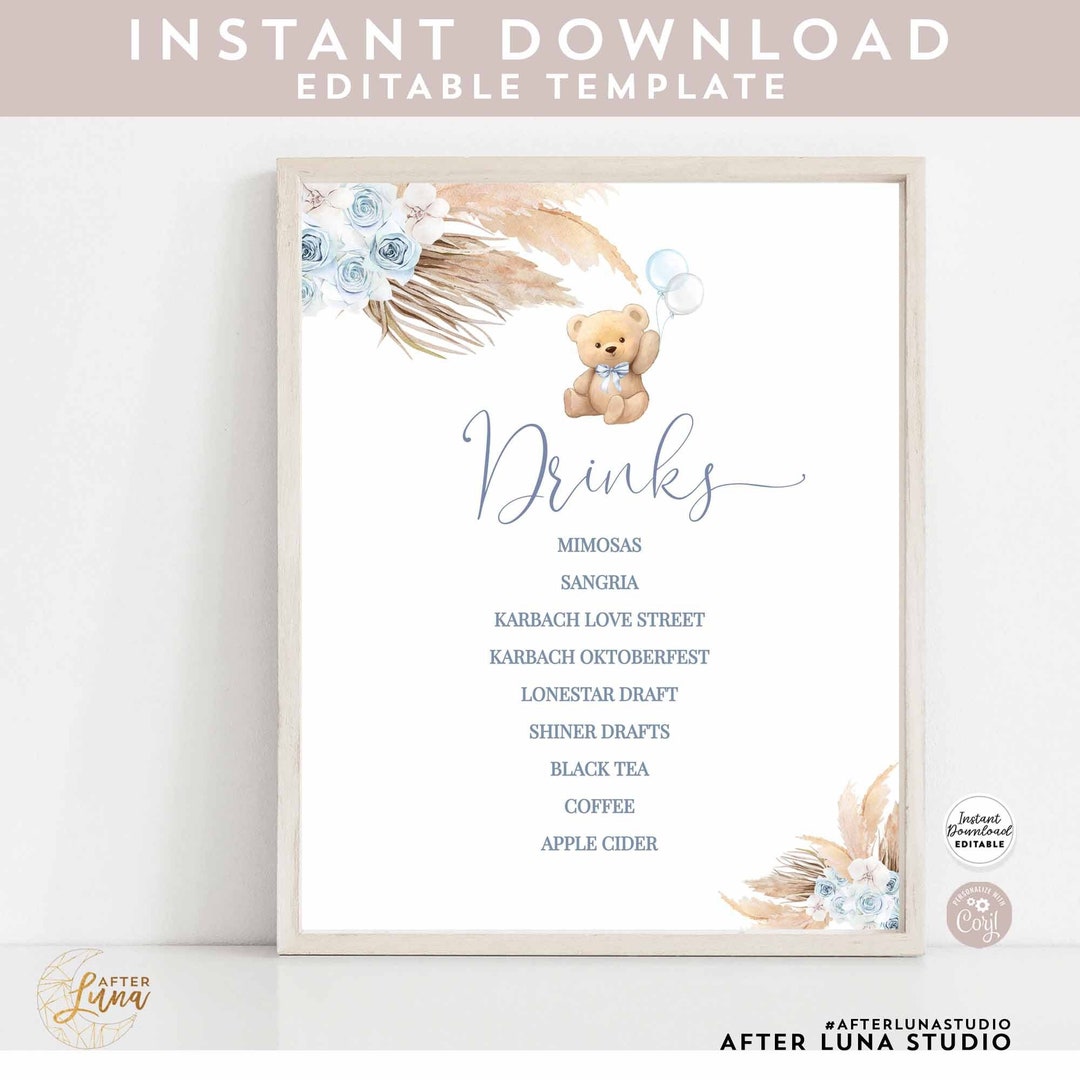 Editable 8x10" Blue Pampas Grass Bear Drink Menu Sign Teddy Bear Baby ...
