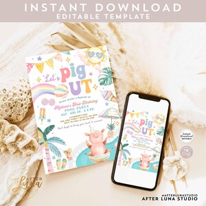 Editable Pig Out Summer Pool Party Girl Pig Pool Party Birthday ...