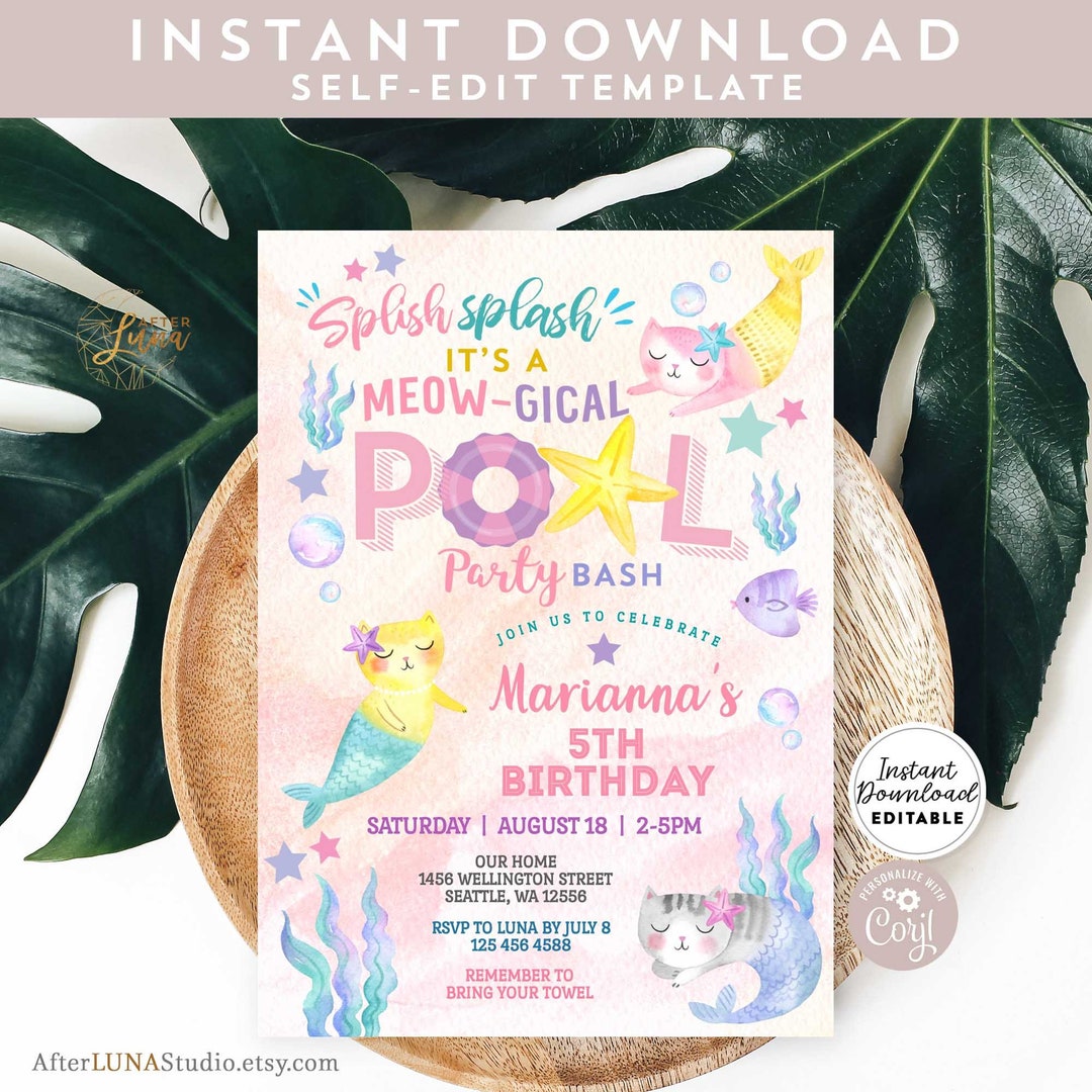 Editable Pool Party Invitation Girl Cat Mermaid Pool Party Invite ...