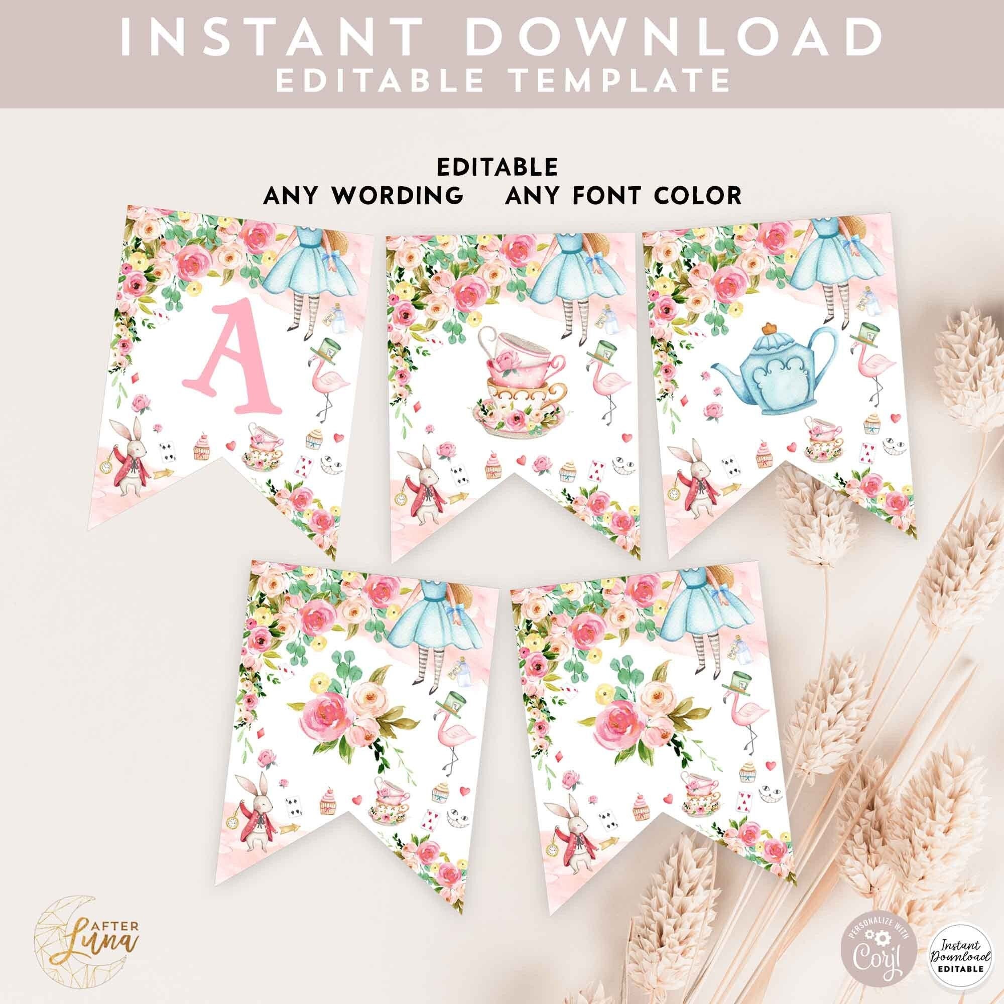 Editable ANY WORDING Alice in Wonderland Onederland Pennant Banner 8 ...